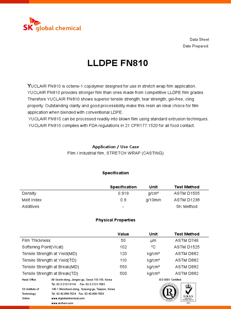 Lldpe FN810 (Octeno Sin Slip) | PDF | Chemical Product Engineering | Chemistry