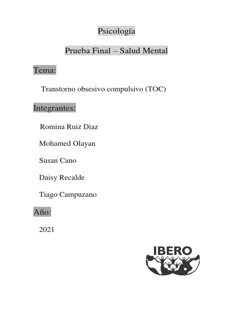 Prueba Final Psicologia TOC | PDF | Desorden obsesivo compulsivo ...