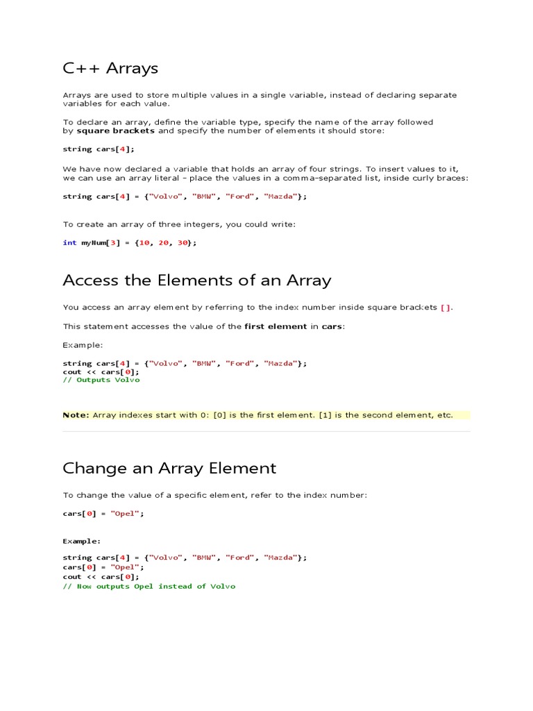 C++ Arrays: "Volvo" "BMW" "Ford" "Mazda" | PDF