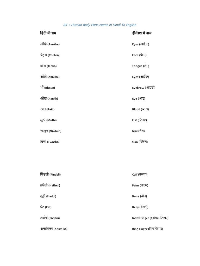 Human Body Parts Name in Hindi | PDF