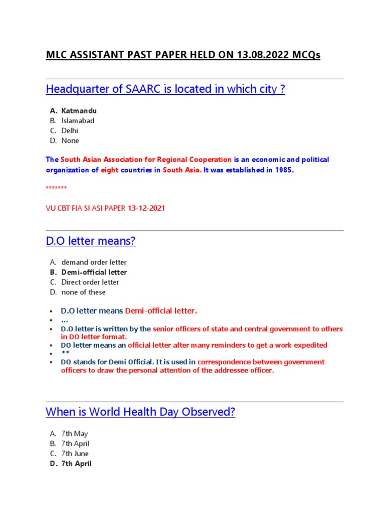 MLC Assistant Past Paper Held On 13 | PDF | Surah | Byte