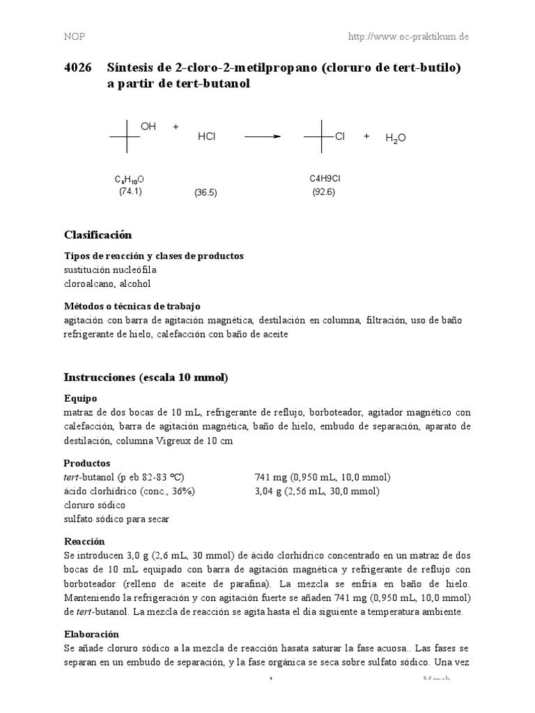 4026 Sintesis de 2 Cloro 2 Metilpropano Cloruro de Tert | PDF ...