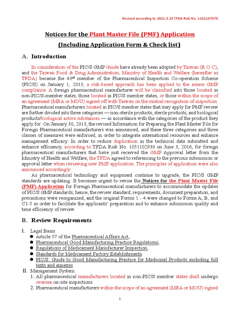 Notices For The Application of Plant Master File | PDF | Food And Drug ...