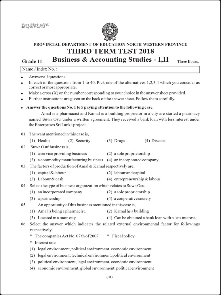 Grade 10 Business and Accounting Studies 3rd Term Test Paper 2018 ...