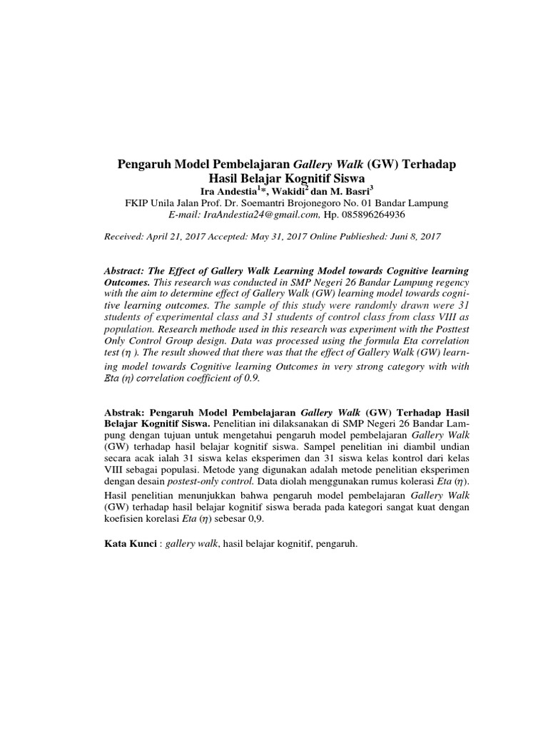 (Andestia, DKK, 2017) Pengaruh Model Pembelajaran Gallery Walk (GW) Terhadap Hasil Belajar ...