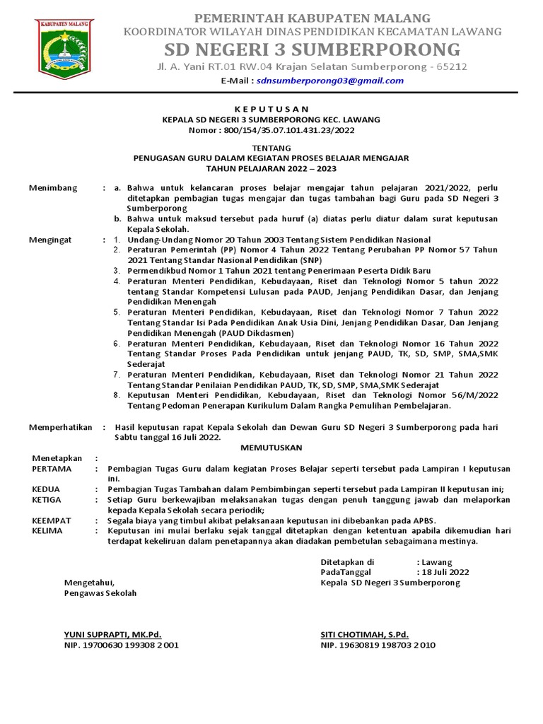 !SK Penugasan Guru 2022 2023 | PDF