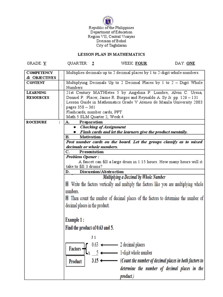 Prototype Math 5 Lesson Plan Q2 Week4 Day1-5 - Copy-1 | PDF ...