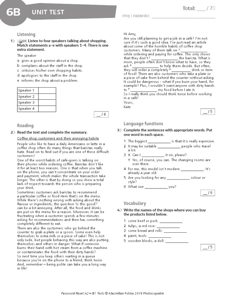 Password Reset A2+ B1 UT 6B | PDF | Coffeehouse