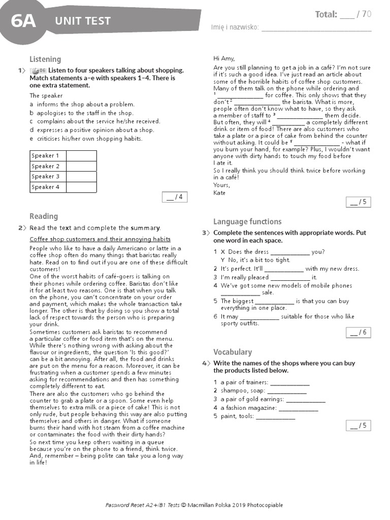 Password Reset A2+ B1 UT 6A | PDF | Coffeehouse