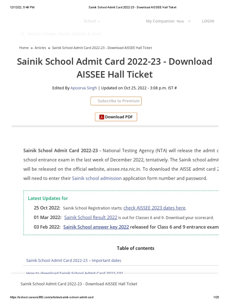 Sainik School Admit Card 2022-23 - Download AISSEE Hall Ticket | PDF ...
