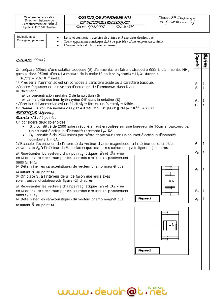 Devoir de Synthèse N°1 - Physique - 3ème Informatique (2007-2008) MR ...
