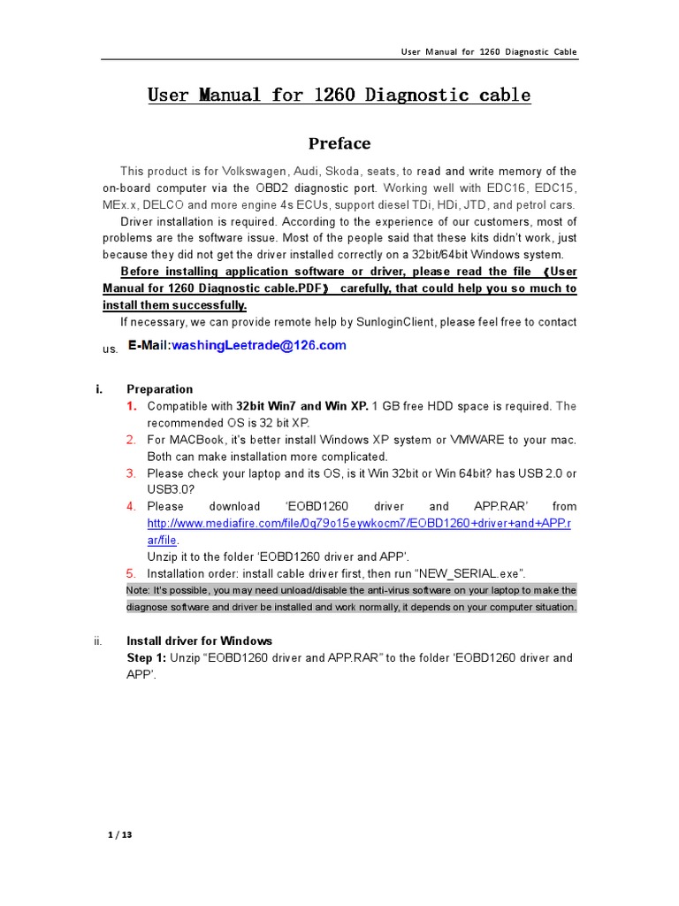User Manual for the 1260 Diagnostic Cable: An Instruction Guide for Using the Cable to Read and ...