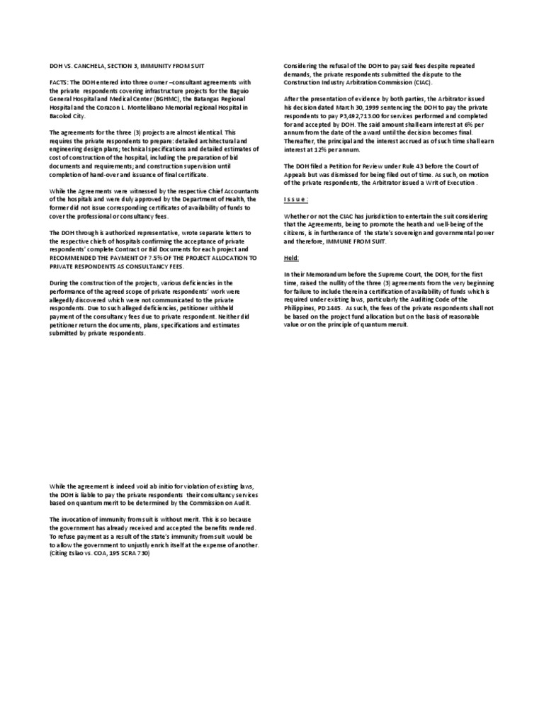 DOH vs. Canchela: Immunity from Suit | PDF | Lawsuit | Arbitral Tribunal