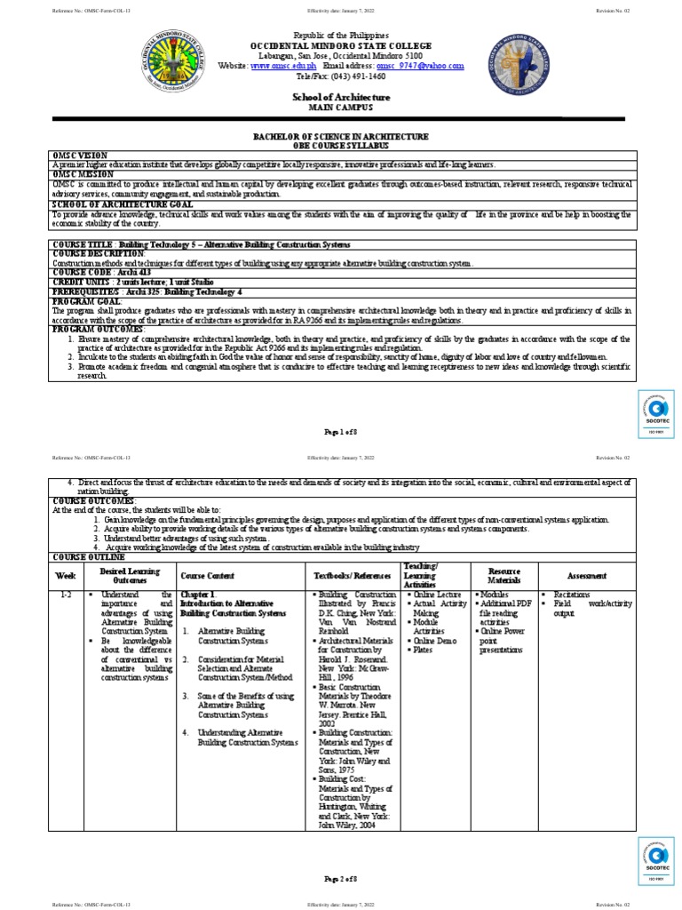 OMSC Syllabus Alternative Building Construction Systems | PDF ...