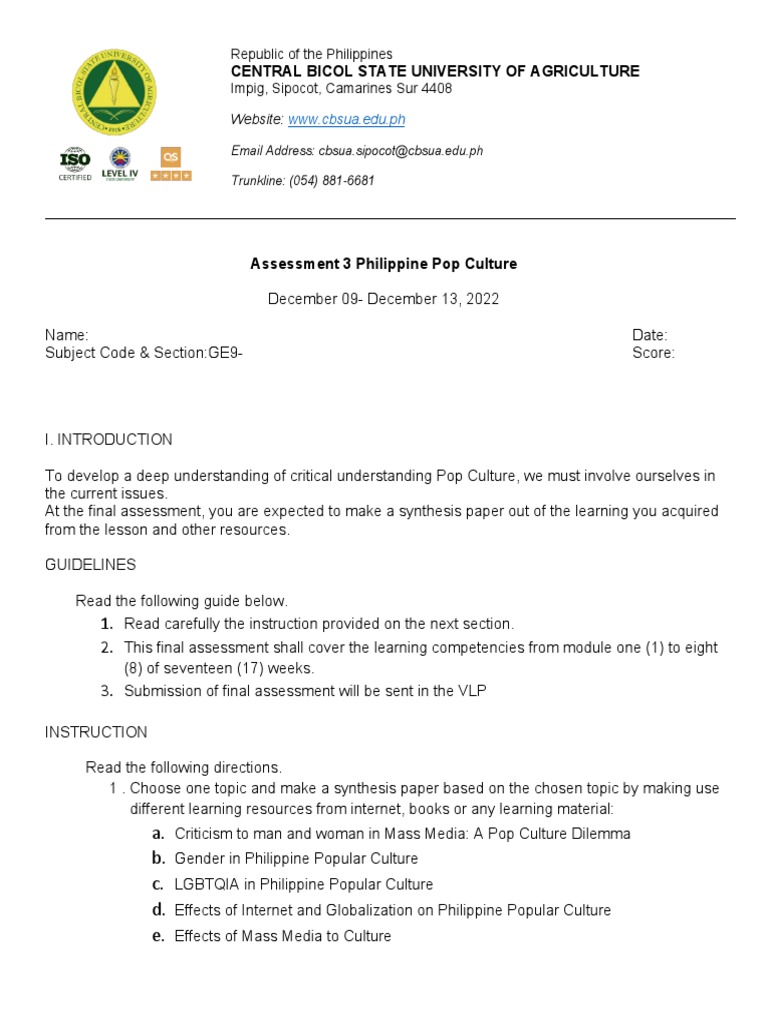 Phil. Pop Assessment 3 | PDF | Human Communication | Cognition