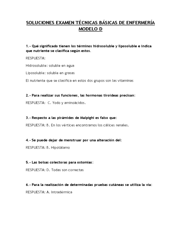 Soluciones Examen Tecnicas Basicas de Enfermeria Modelo D | PDF ... Soluciones Examen Tecnicas Basicas de Enfermeria Modelo D | PDF ...