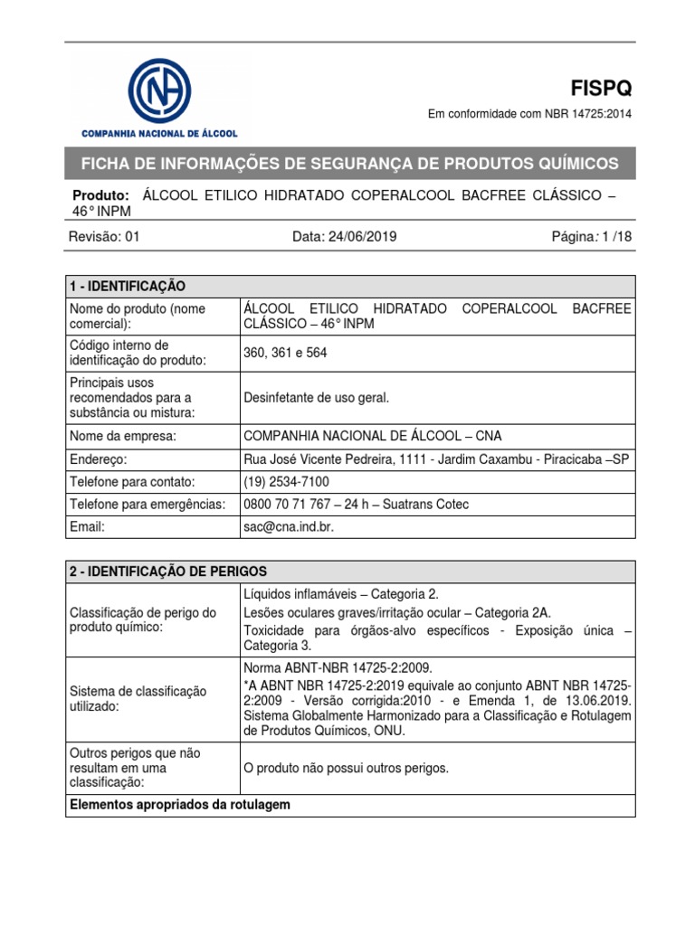 Fispq 17 Alcool Etilico Hidratado Coperalcool Bacfree Classico 46 Inpm Codigo 360 361 564 Rev00 ...