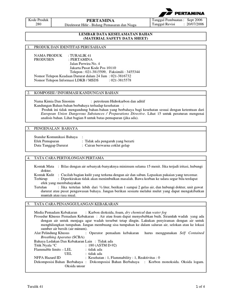 Pelumas Pertamina MSDS-Turalik 41 MSDS | PDF