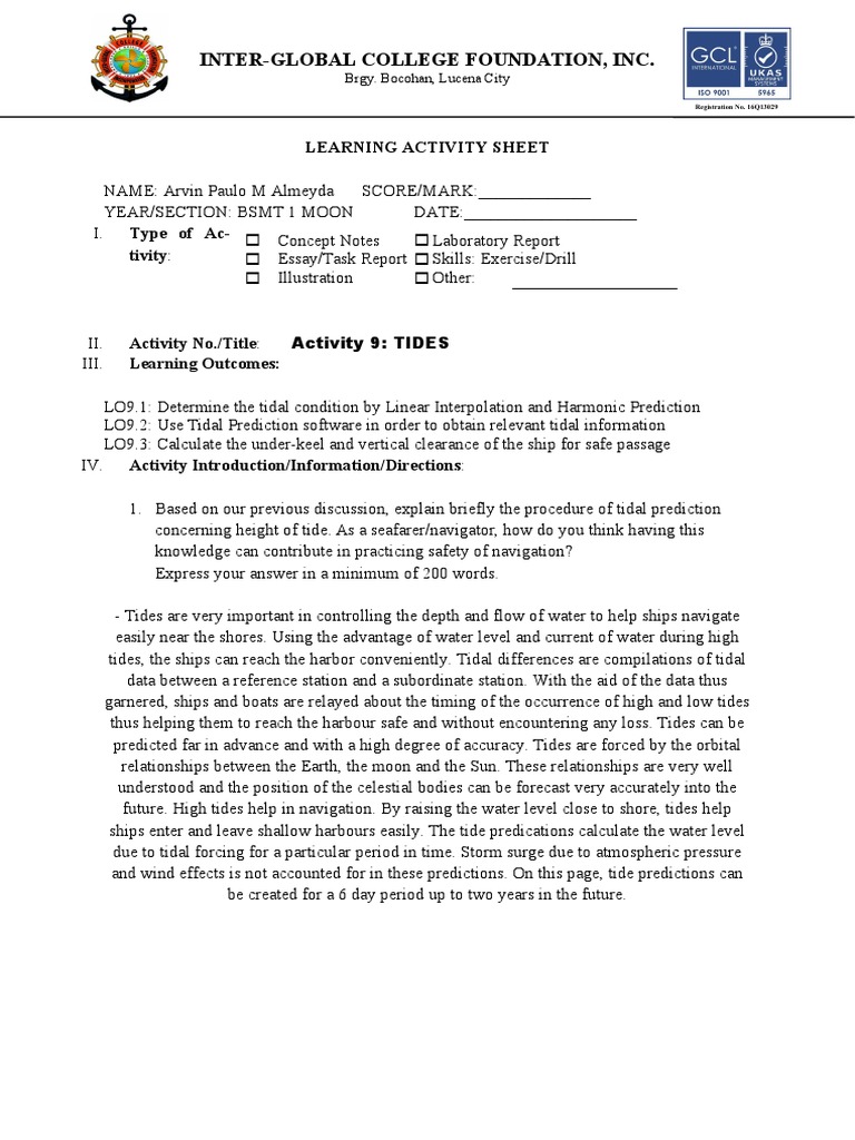 Navlec-Activity No. 9-Week9-Height of Tides | PDF | Tide | Prediction