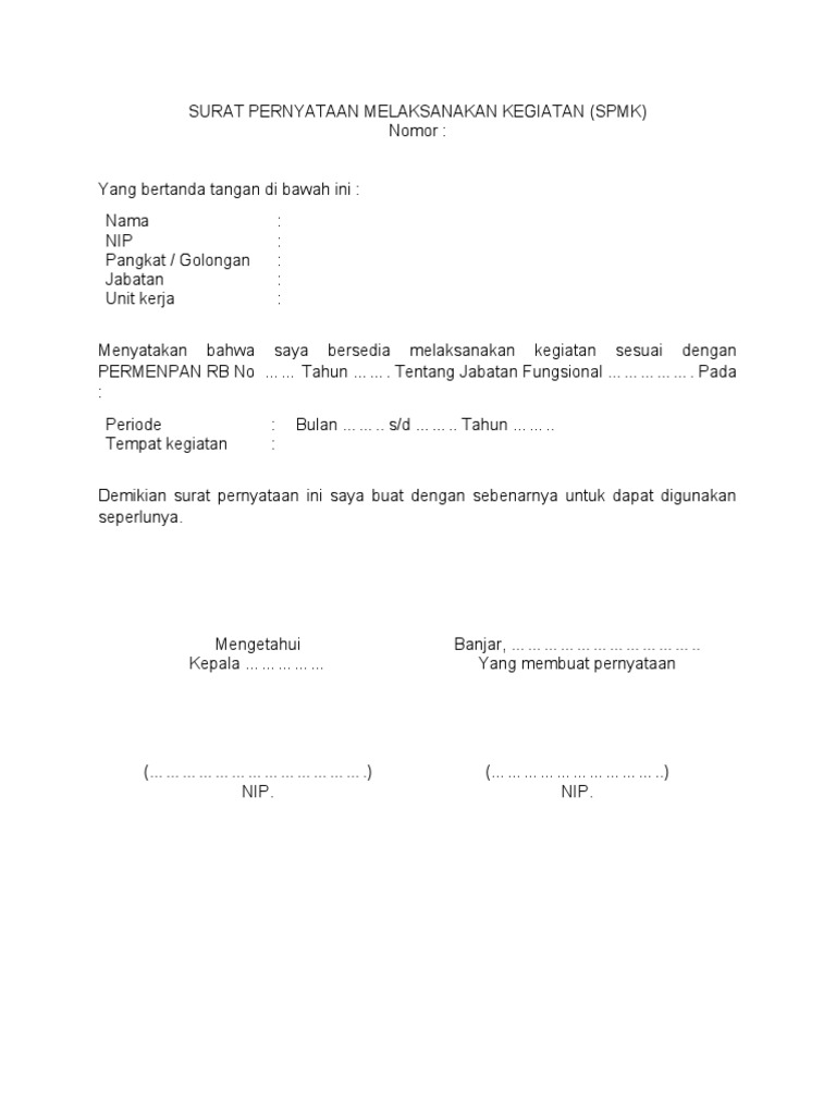 Surat Pernyataan Melaksanakan Kegiatan (SPMK) | PDF