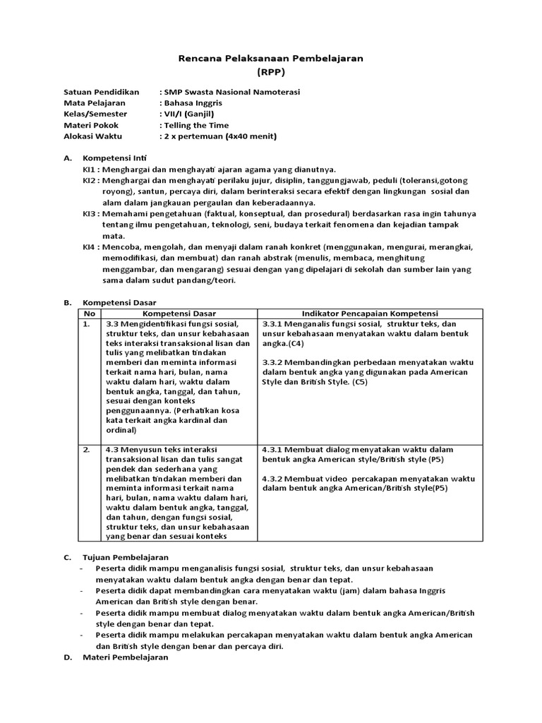 RPP Telling Time untuk Kelas VII SMP | PDF | Karier & Perkembangan ...