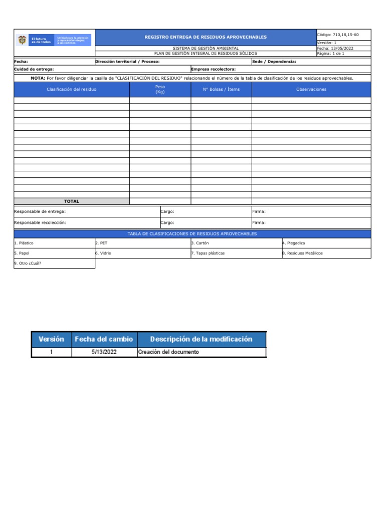 Formato Registro Entrega de Residuos Aprovechables | PDF Formato Registro Entrega de Residuos Aprovechables | PDF