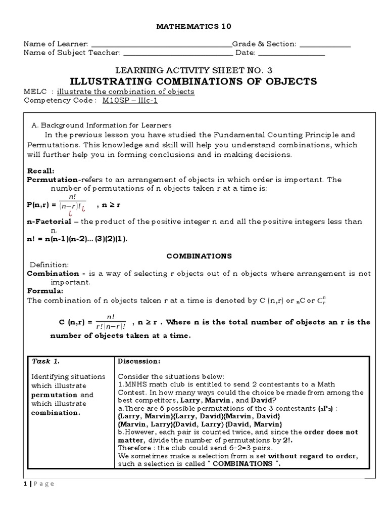 LAS 3 - Illustrating Combinations | PDF | Personal Identification ...