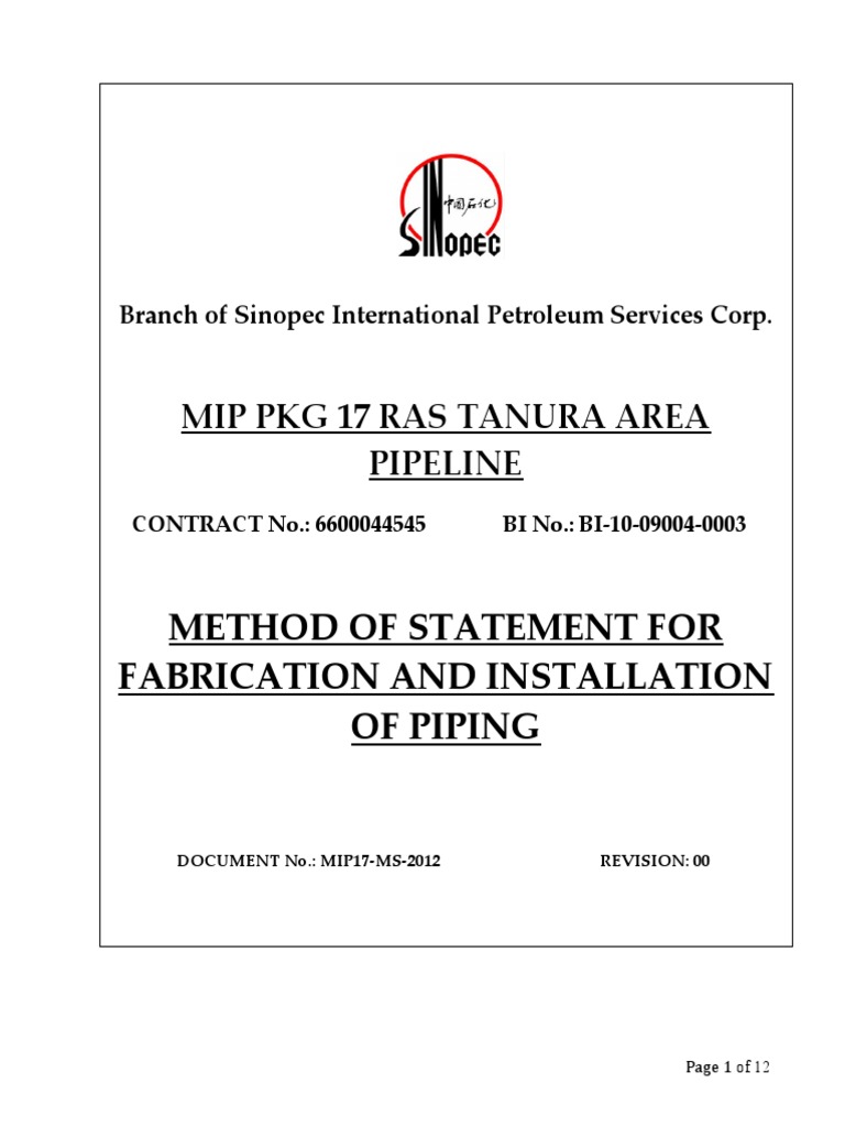MIP17-MS-2012 Method Statement For Fabrication and Installation of Piping | PDF | Welding ...