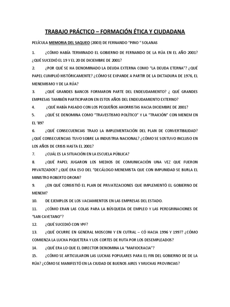 Trabajo Práctico - Memoria Del Saqueo | PDF