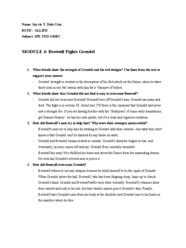 Beowulf's Bare-Handed Battle with Grendel | PDF | Beowulf