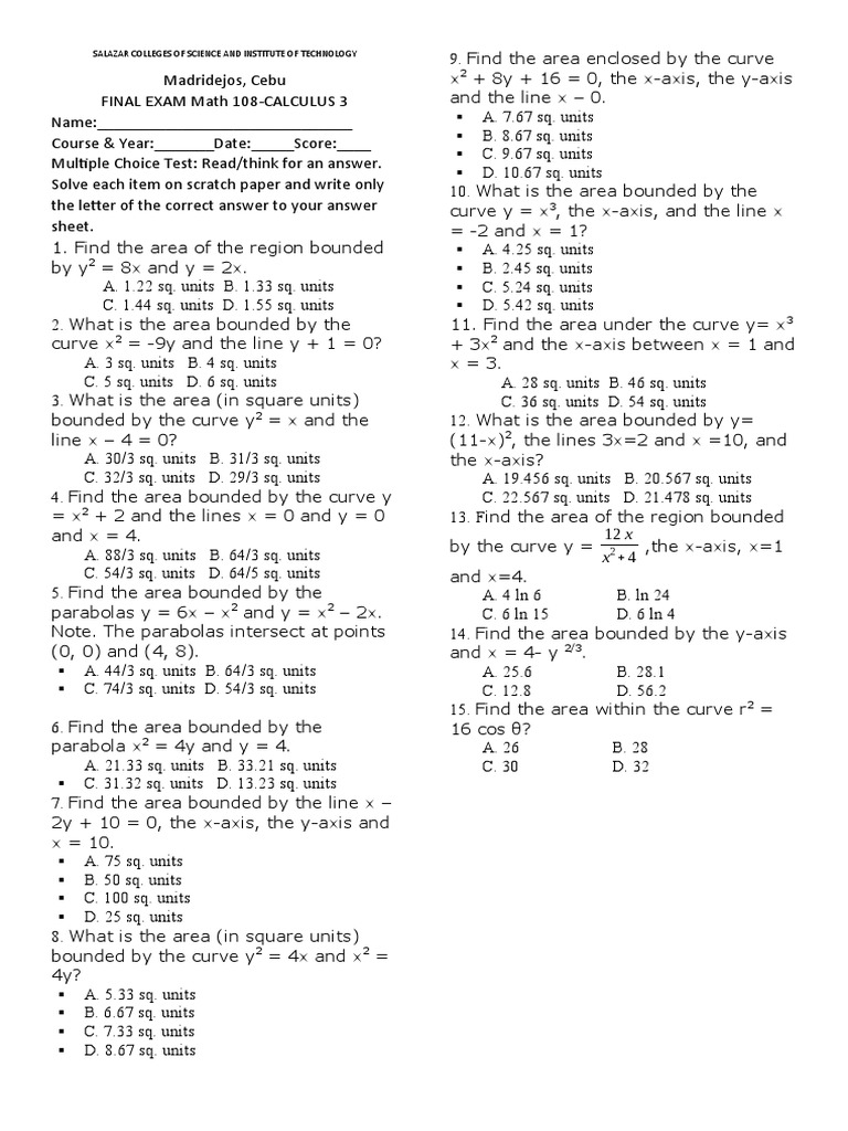 Calculus 3 Final Exam with Multiple Choice Questions on Finding Areas ...