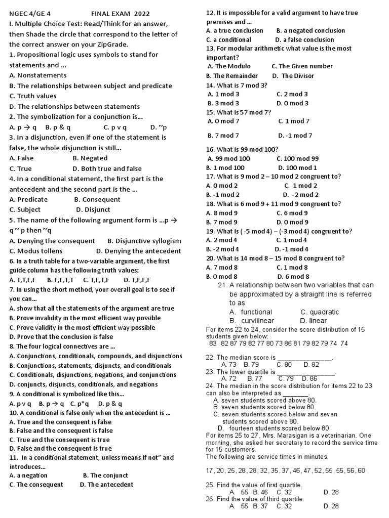 NGEC 4/GE 4 FINAL EXAM 2022 MULTIPLE CHOICE TEST | PDF | Mathematical ...