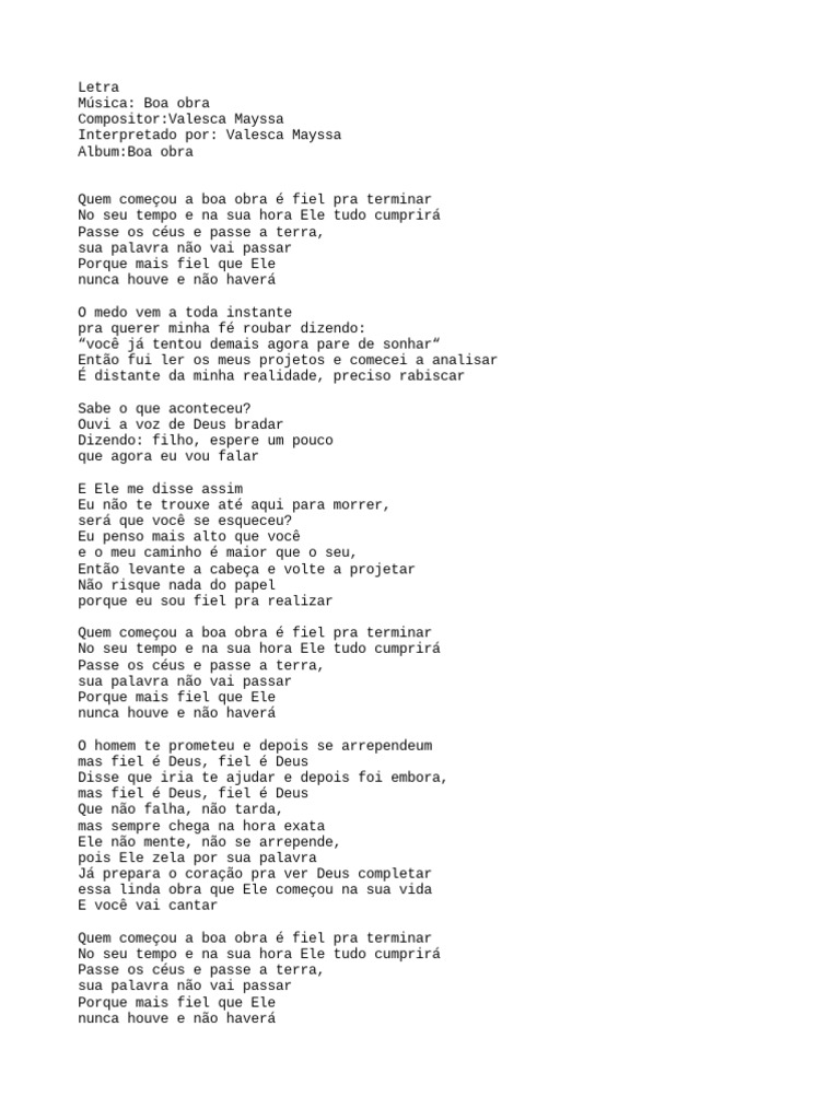 Letra da Música "Boa Obra" | PDF | Artes Linguísticas e Disciplina