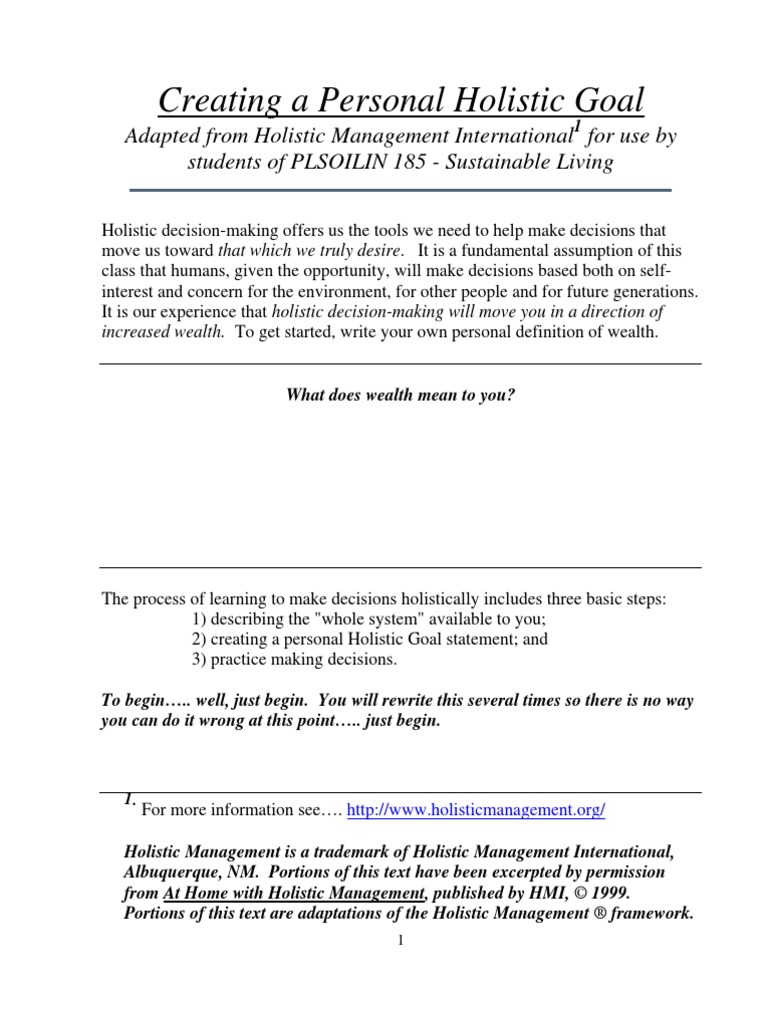 Creating A Personal Holistic Goal | PDF | Holism | Decision Making