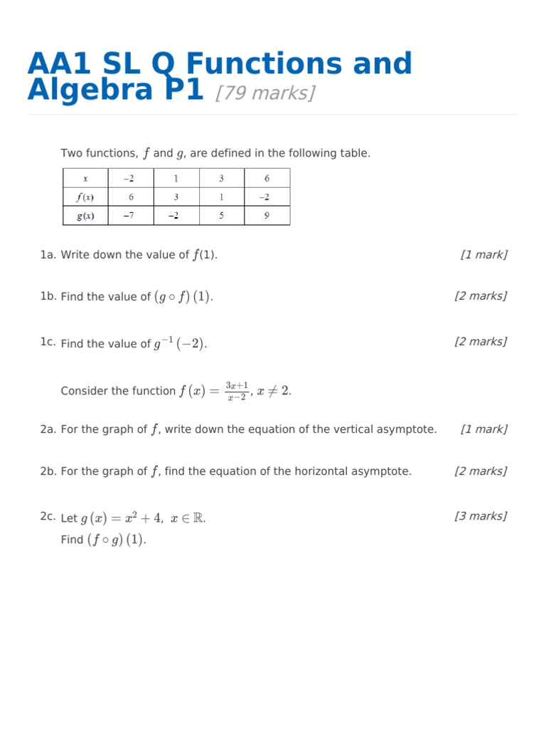 AA1 SL Q Functions and Algebra P1 | PDF | Mathematical Objects | Mathematical Concepts