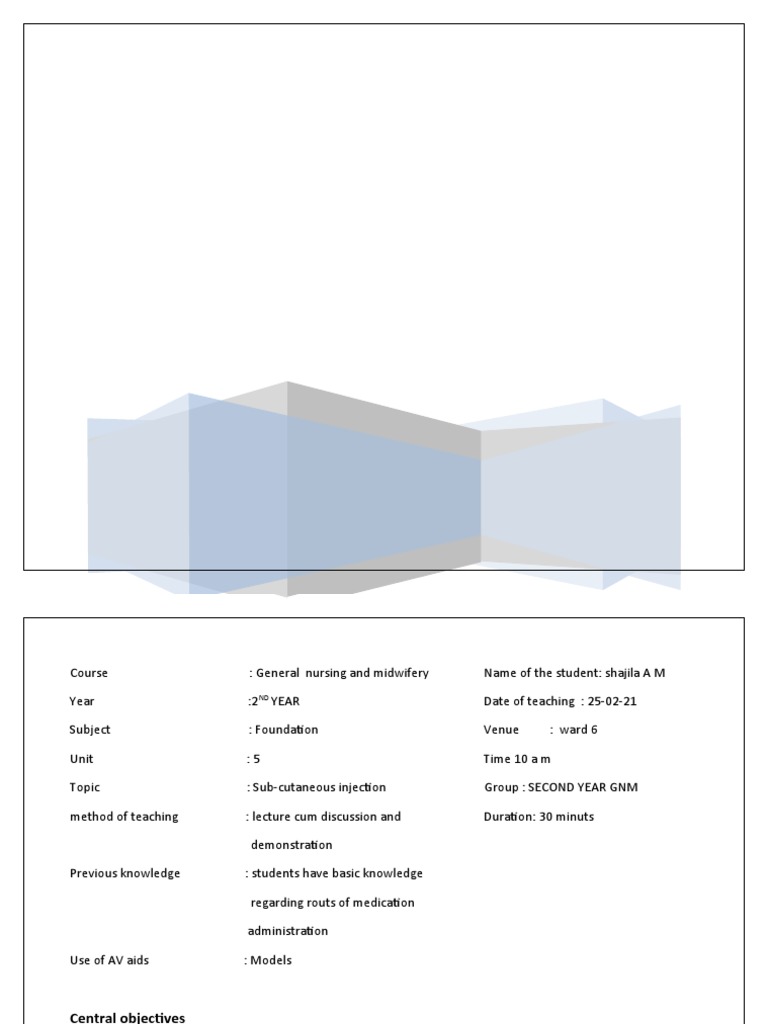 Education Sub Cutaneous Injection Lesson Plan | PDF | Injection (Medicine) | Insulin