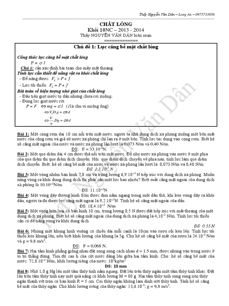 (123doc) Bai Tap Ve Chat Long Vat Ly 10 Nang Cao | PDF