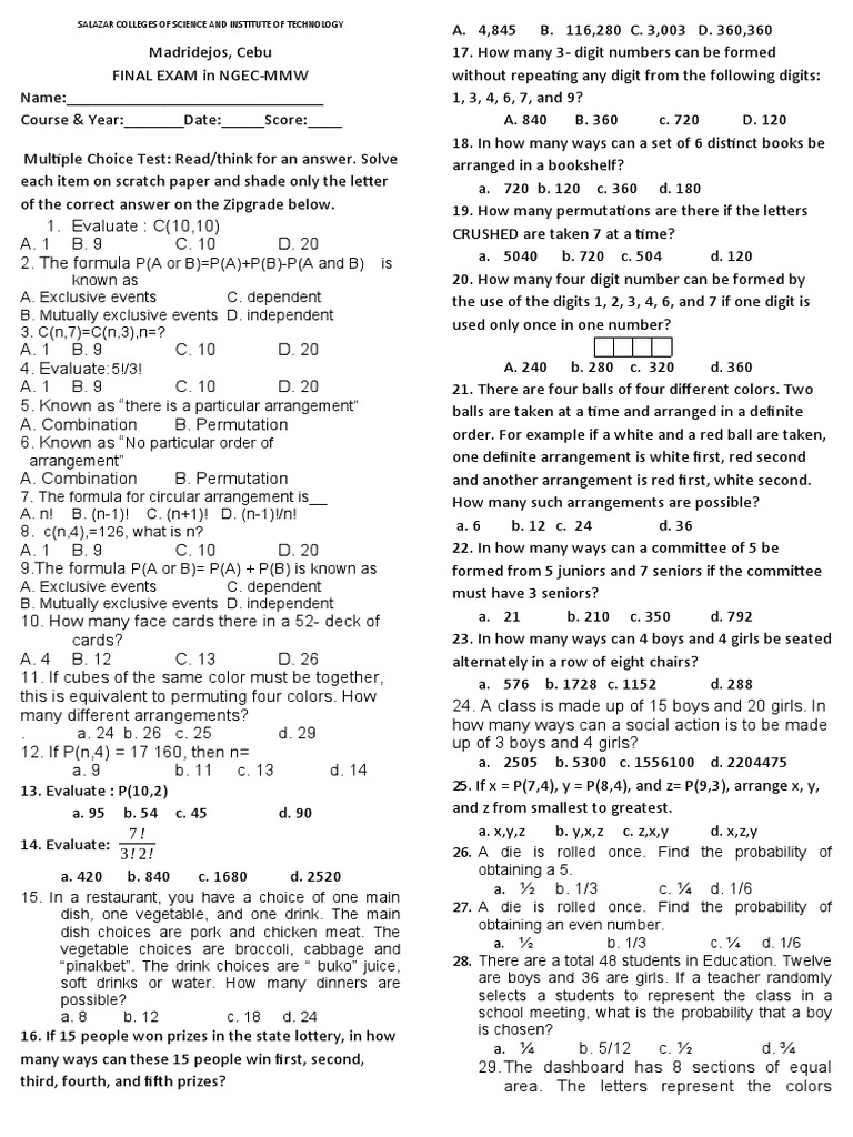 NGEC 4 Final Exam | PDF | Permutation | Mathematics
