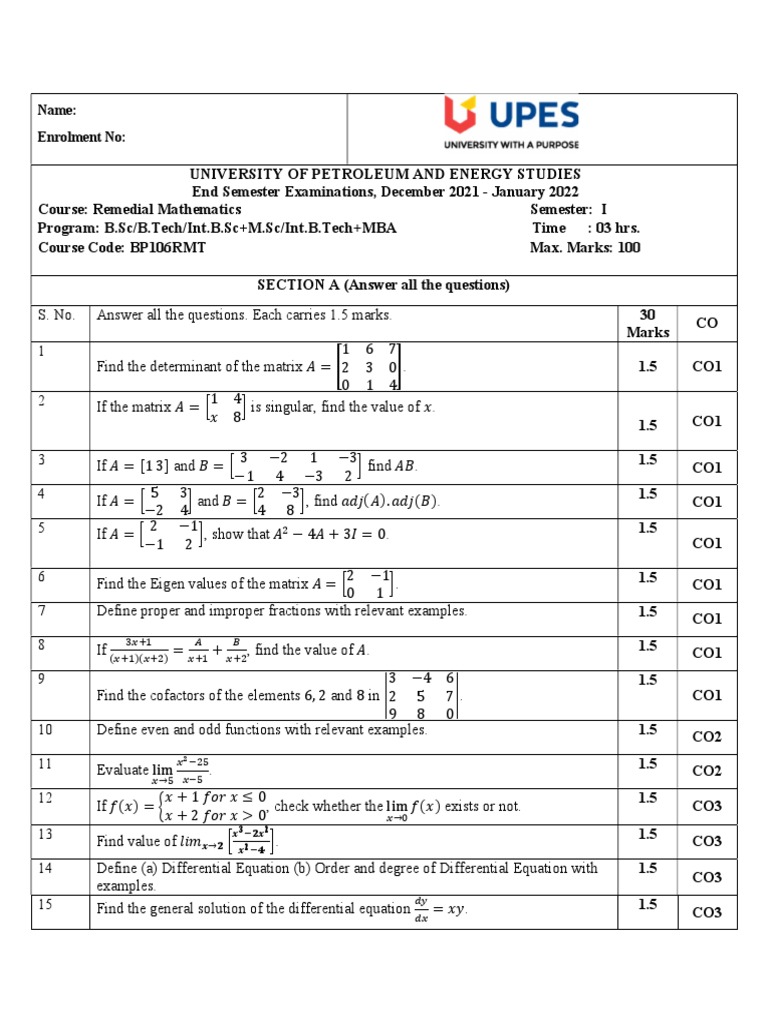 9181 ESE DEC21 SOHS Sem 1 B.tech (BT) BP106RMT Remedial Mathematics | PDF