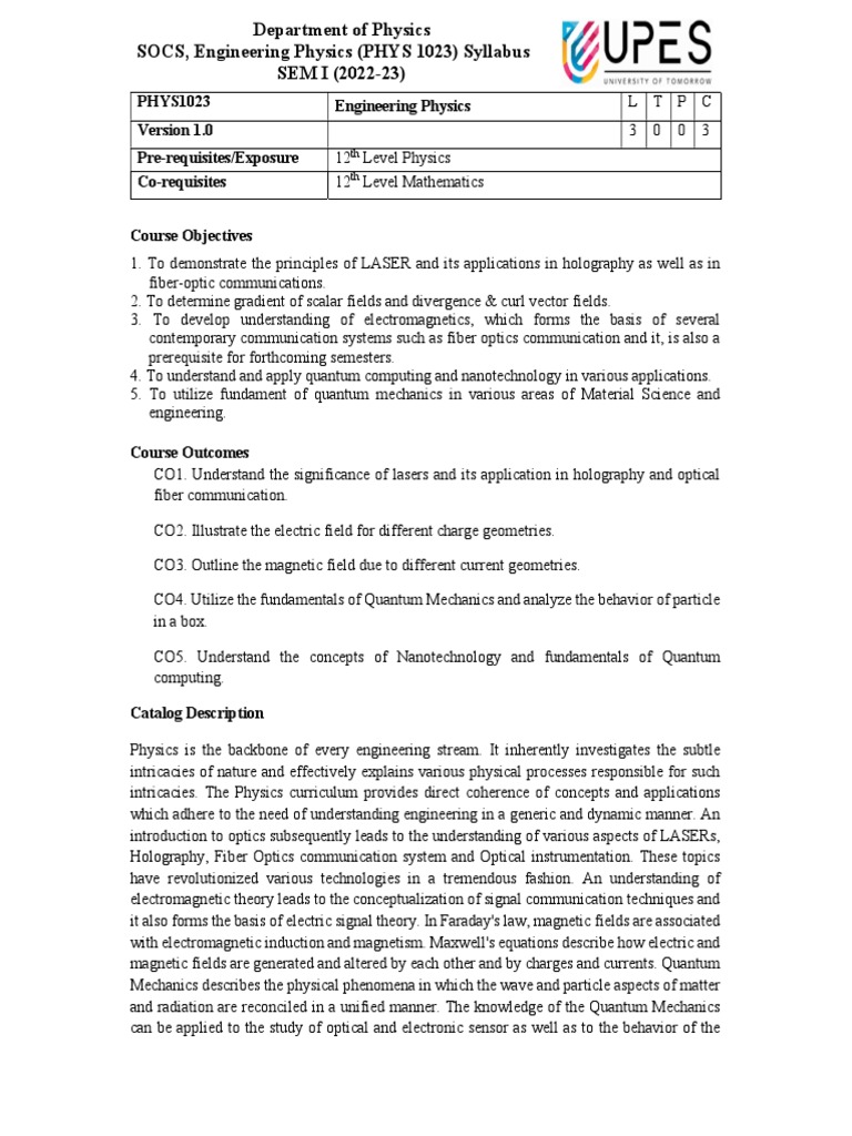 Course Plan Phys1023 Sem I (2022 23) All Socs Branches | Download Free ...