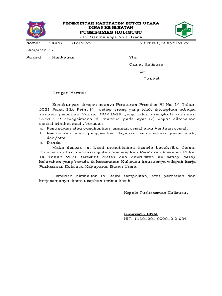 Surat Vaksinasi Camat | PDF