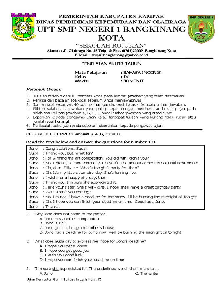 Soal Pas B. Ingg Ix 2223 Ganjil | PDF | Dietary Supplements | Teaspoon