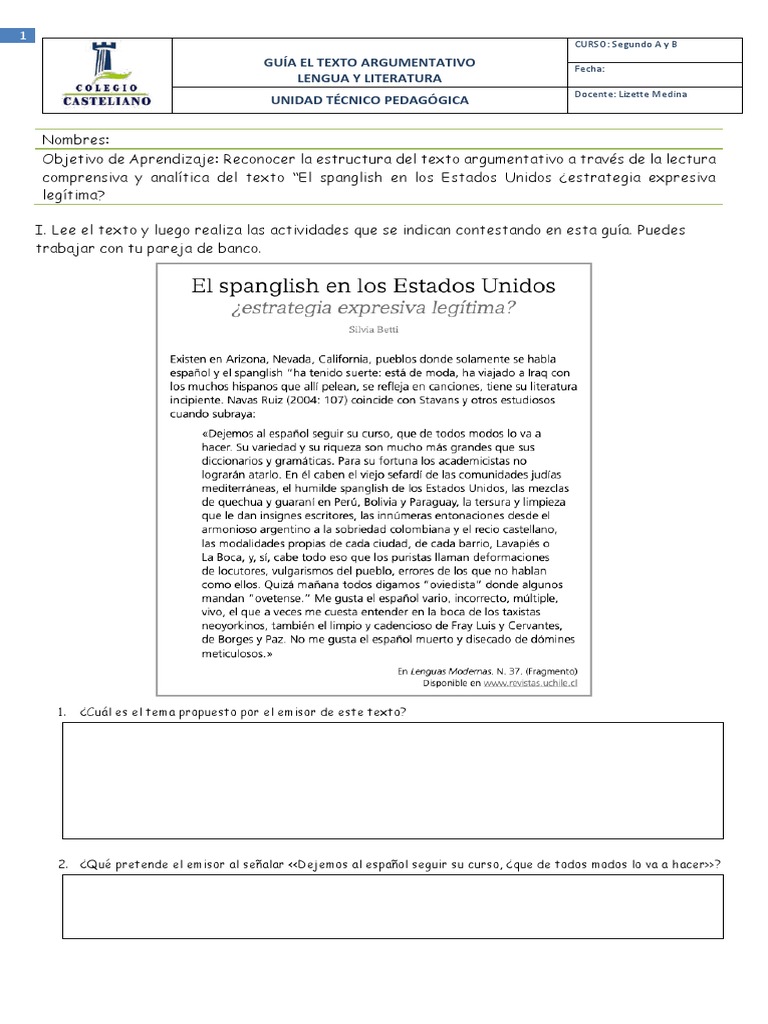 Guía Texto Argumentativo Spanglish | PDF | Artes del Lenguaje y ...