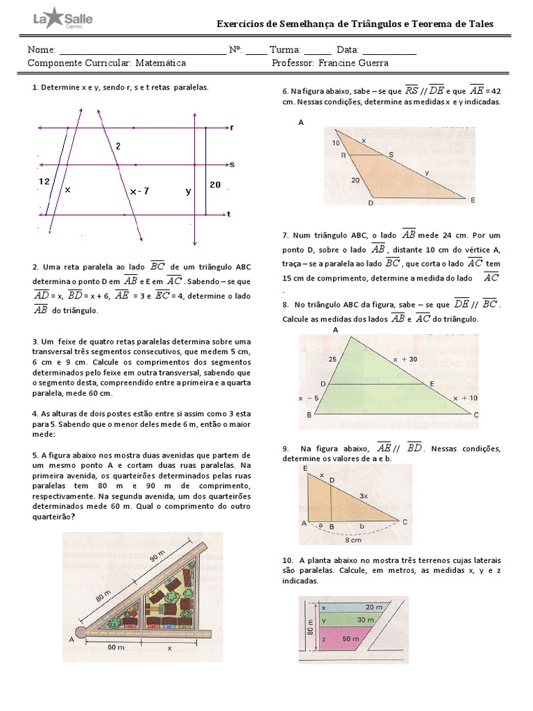 4 - Lista de Exercícios de Triângulos Semelhantes e Teorema de TALES ...