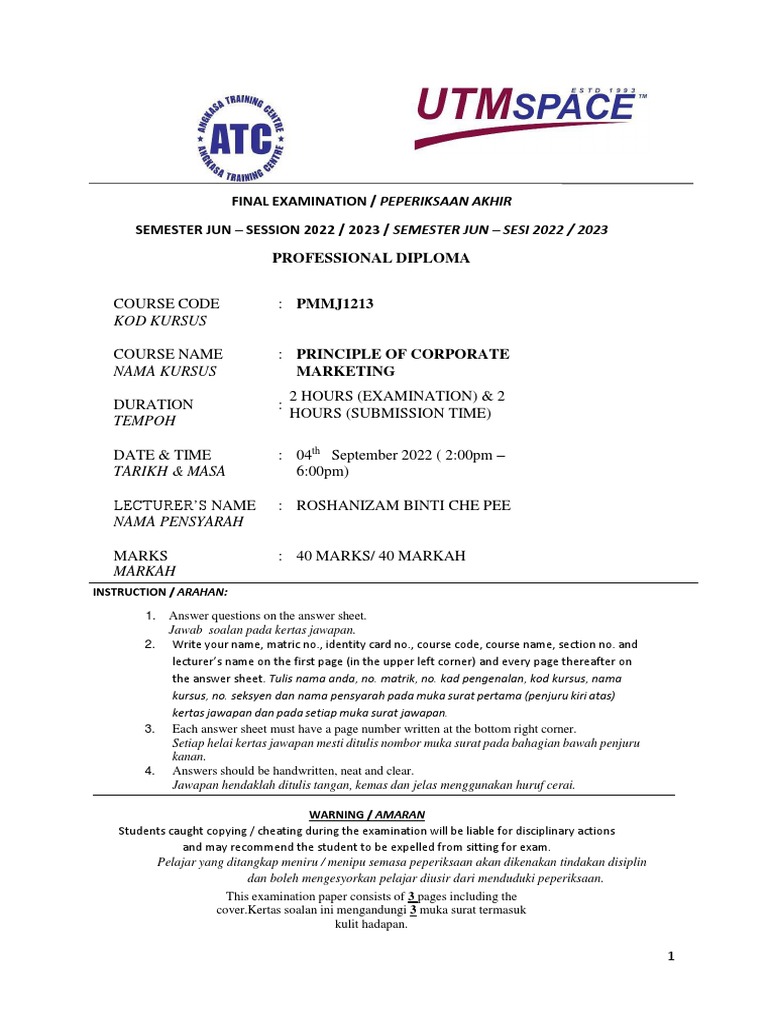 UTM Final Exam-Principle of Corp. MKTG JUN2022 | PDF | Brand | Marketing