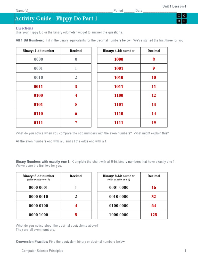Activity Guide - Flippy Do PT 1 - Unit 1 Lesson 4 | PDF | Bit | Numbers