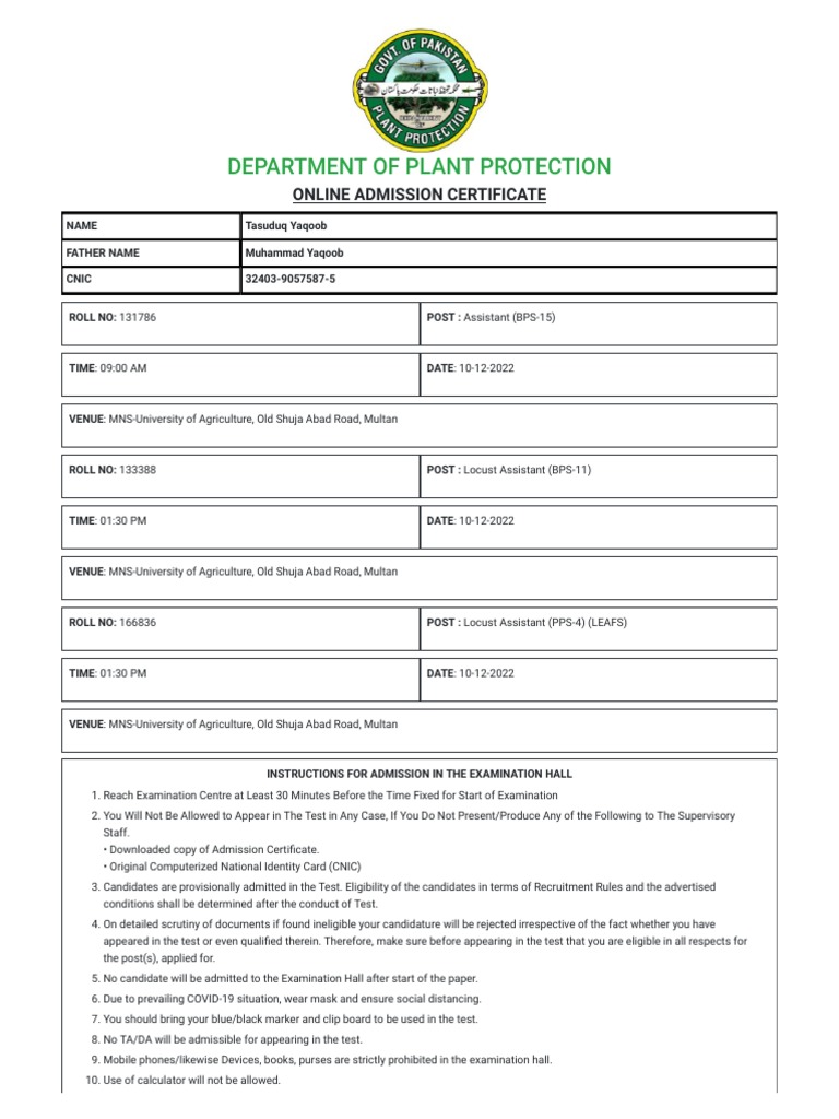 Online Admission Certificate - Plant Protection | PDF | Technology ...