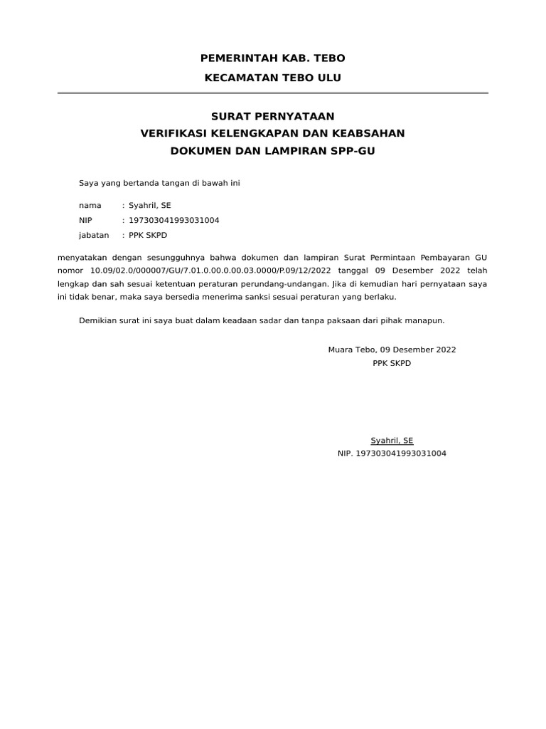 Pernyataan Verifikasi SPP-GU SIPD | PDF