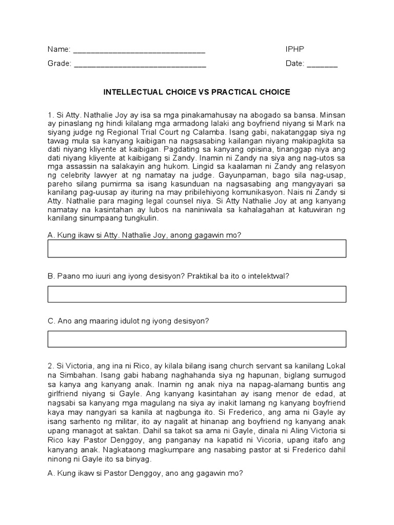 Intellectual and Practical Choice Activity Sheet | PDF
