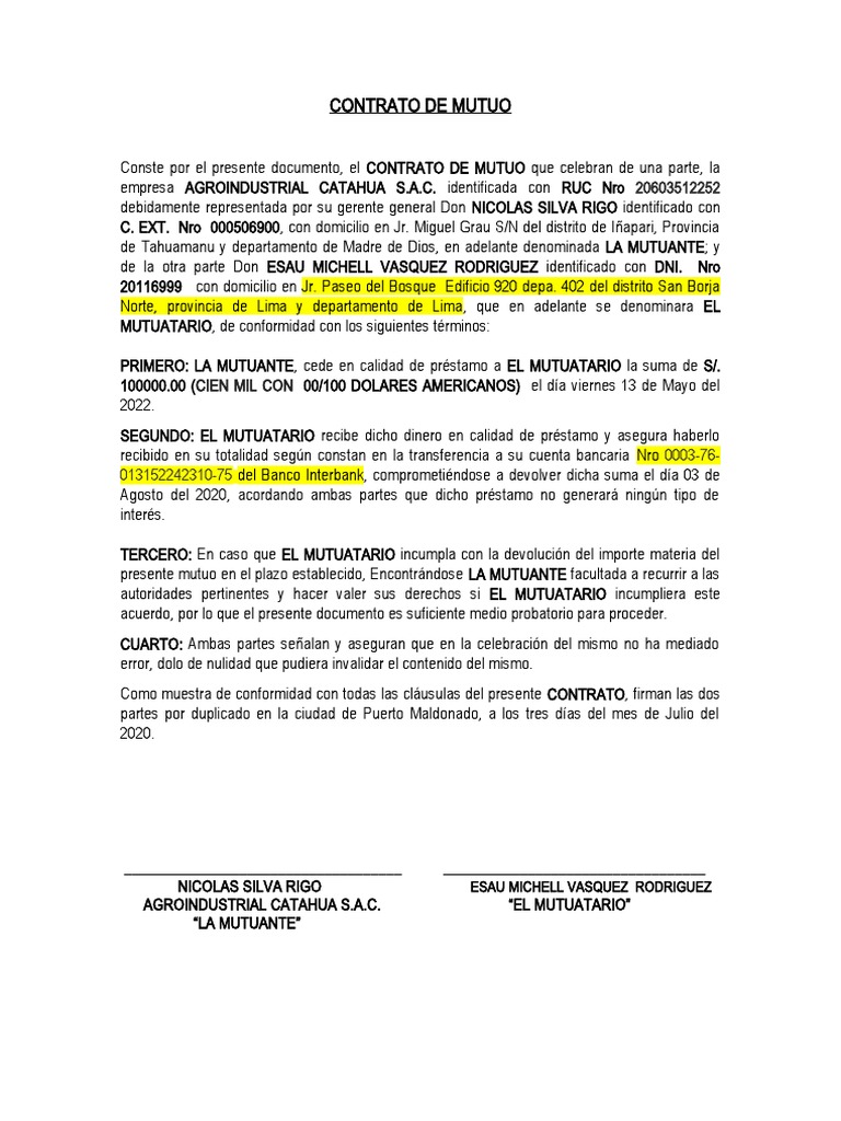 Contrato de Mutuo Prestamo | PDF